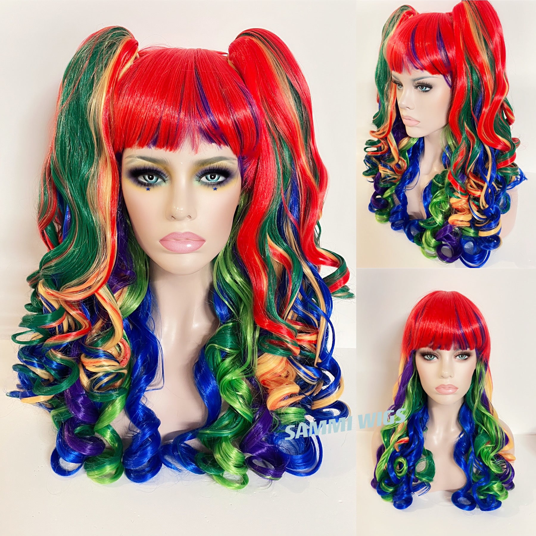 Long rainbow colorful curly wig with 2 clip on pony tails – Sammiwigs